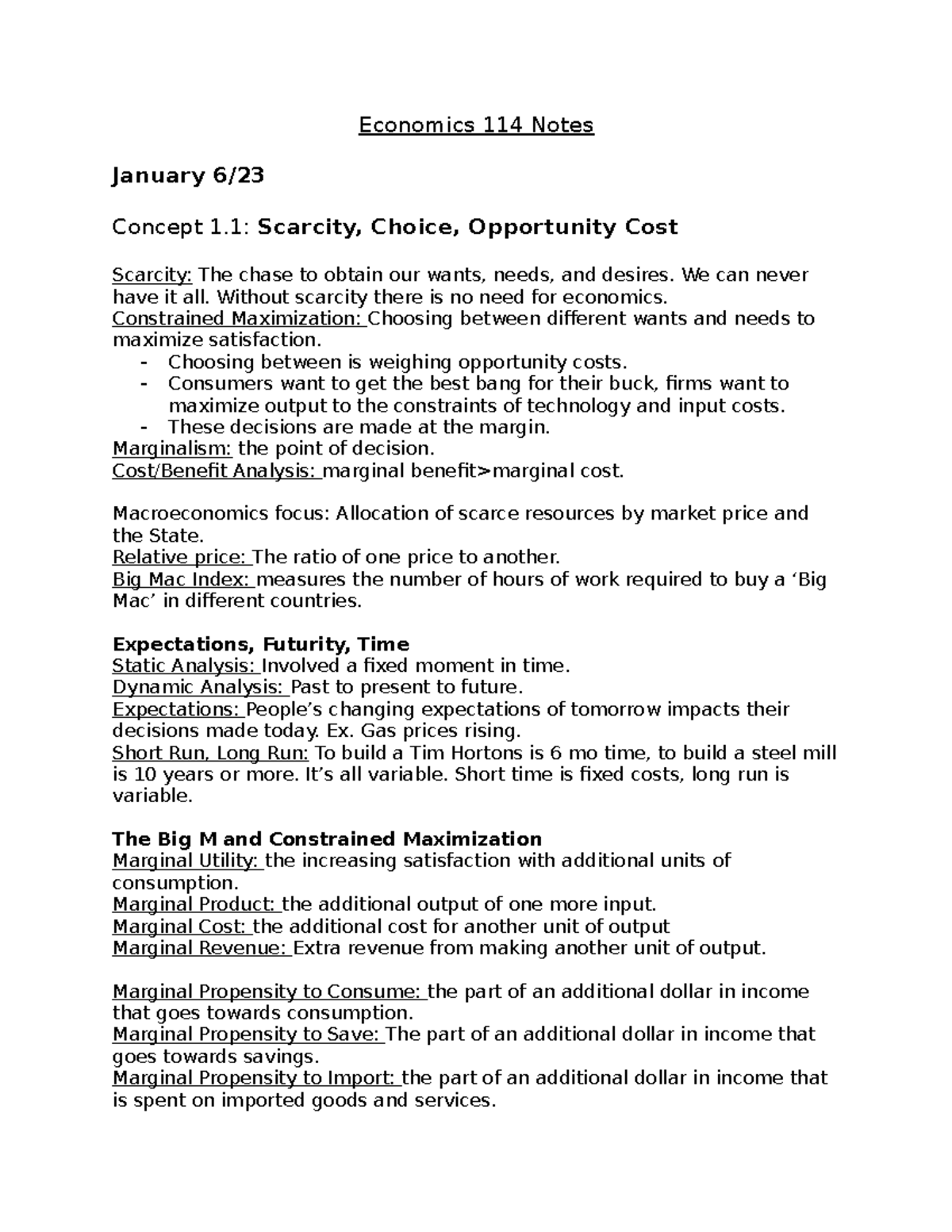 Econ 114 - lecture notes. - Economics 114 Notes January 6/ Concept 1 ...