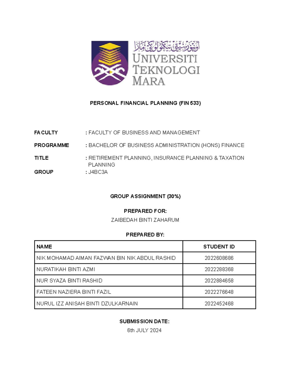 FIN533 - Group Assignment - PERSONAL FINANCIAL PLANNING (FIN 533 ...