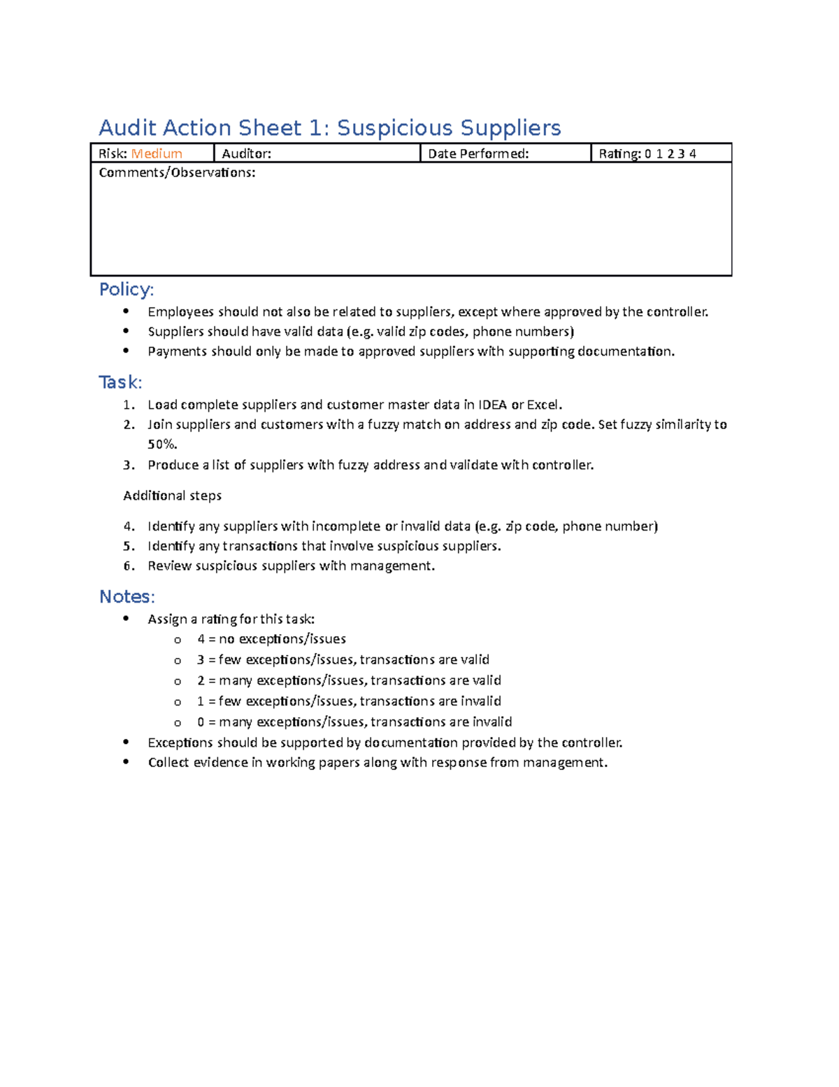 Audit Action Sheets - Audit Action Sheet 1: Suspicious Suppliers Risk ...