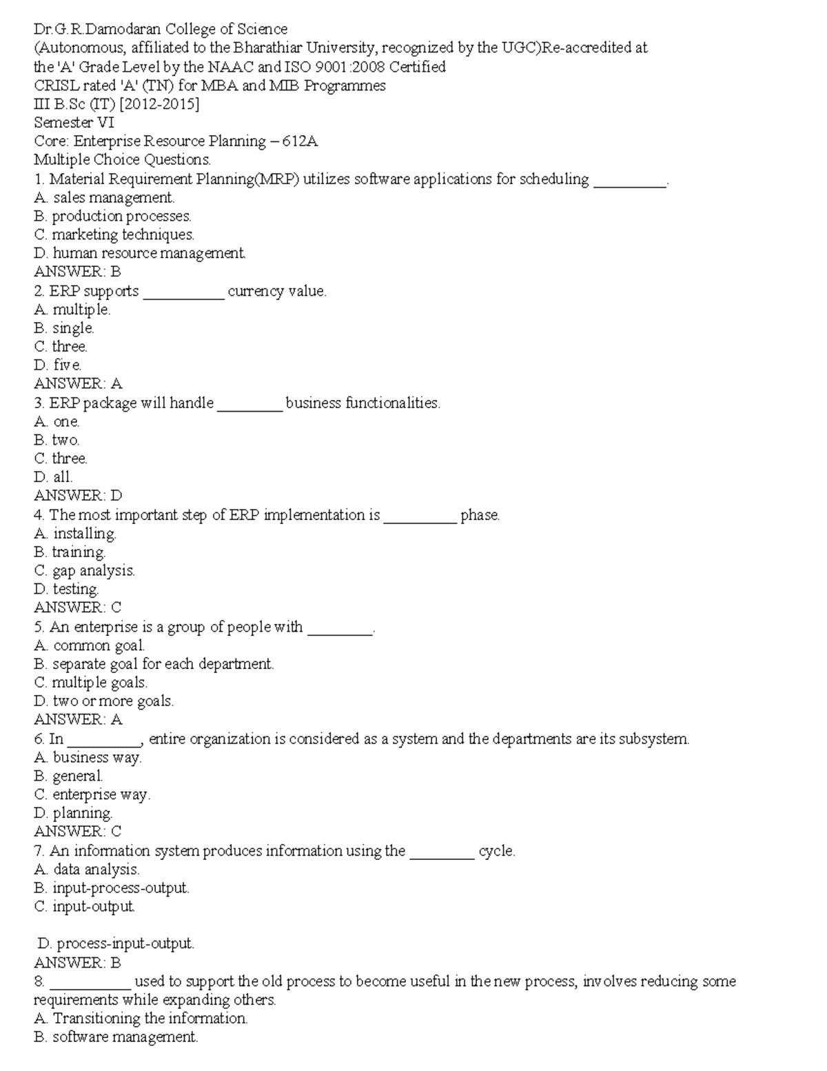 ERP MCQS - Enterprise resource planning - Dr.G.R College of Science ...