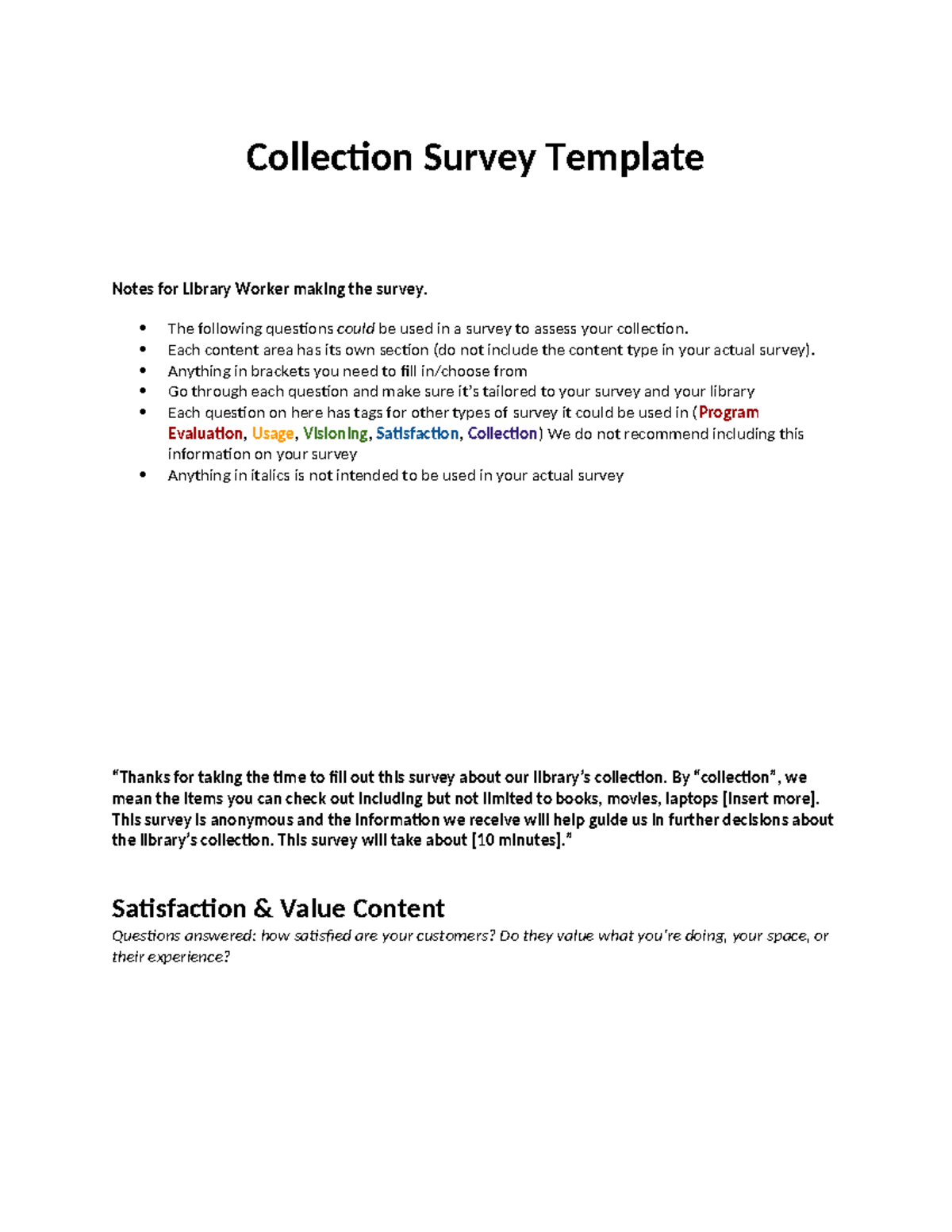 Collection Survey Template Copy - Collection Survey Template Notes for ...