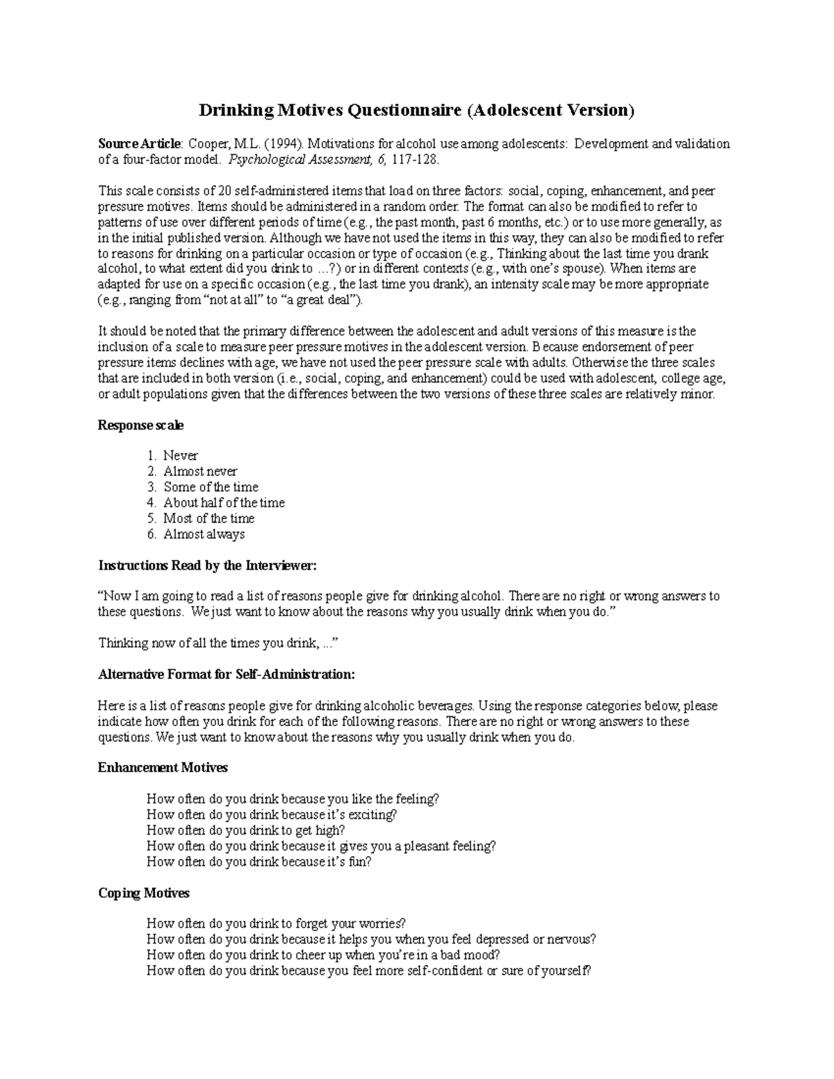 DMQ-Adolescent - Drinking Motives Questionnaire (Adolescent Version ...