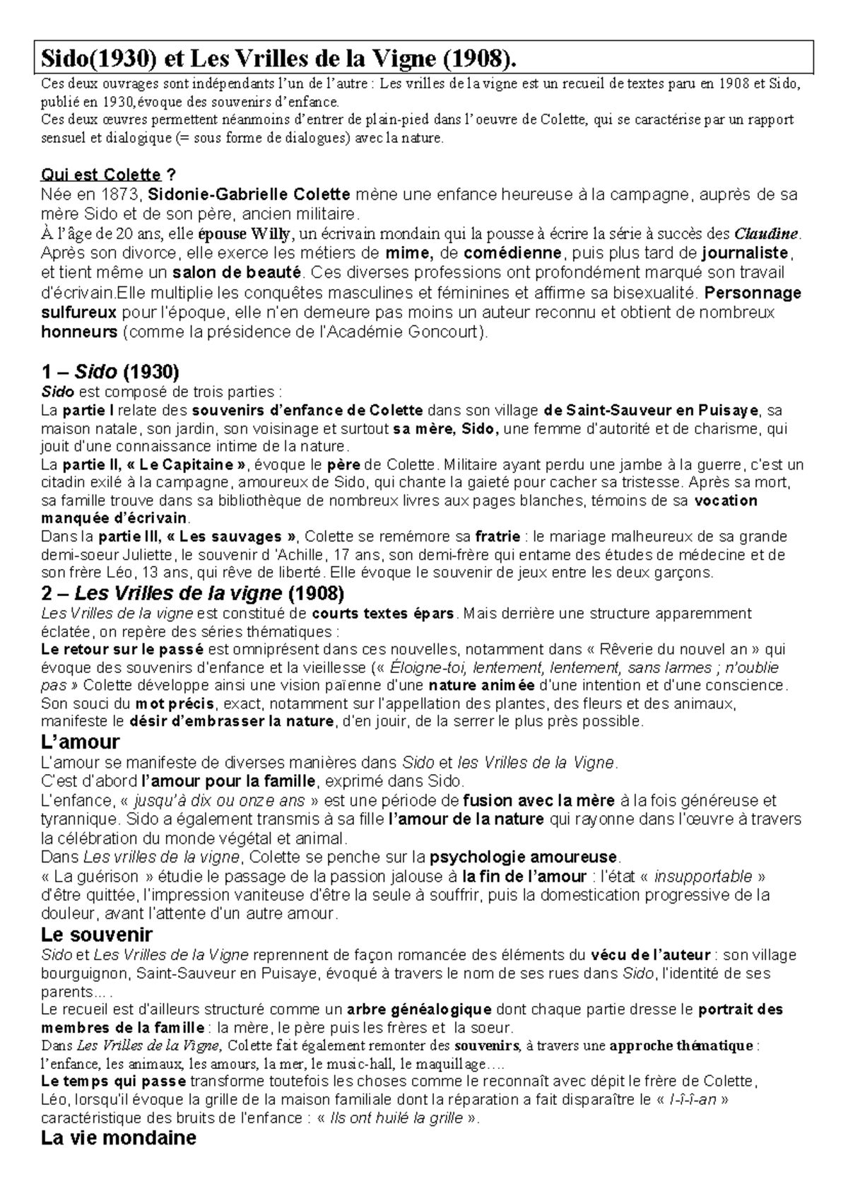 Les textes séquence colette - Sido(1930) et Les Vrilles de la Vigne ...