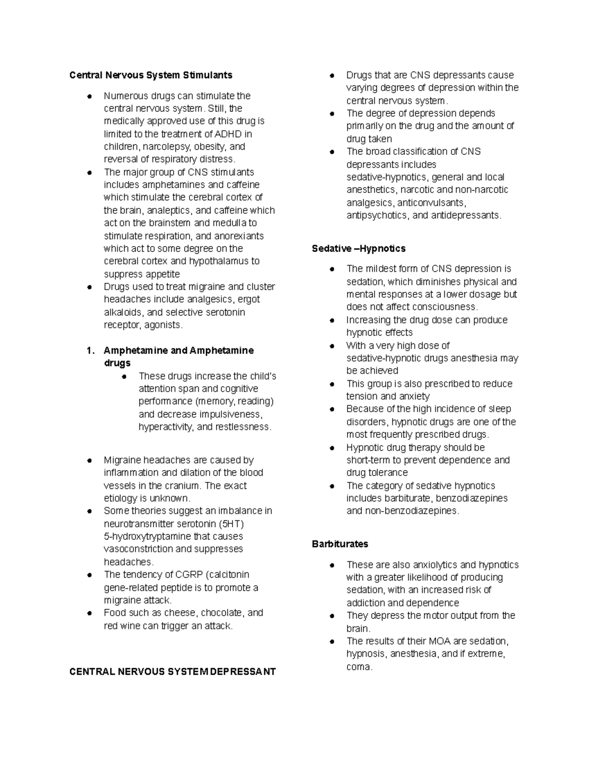 Central Nervous System Stimulants Notes - Pharmacology Eeviewer ...