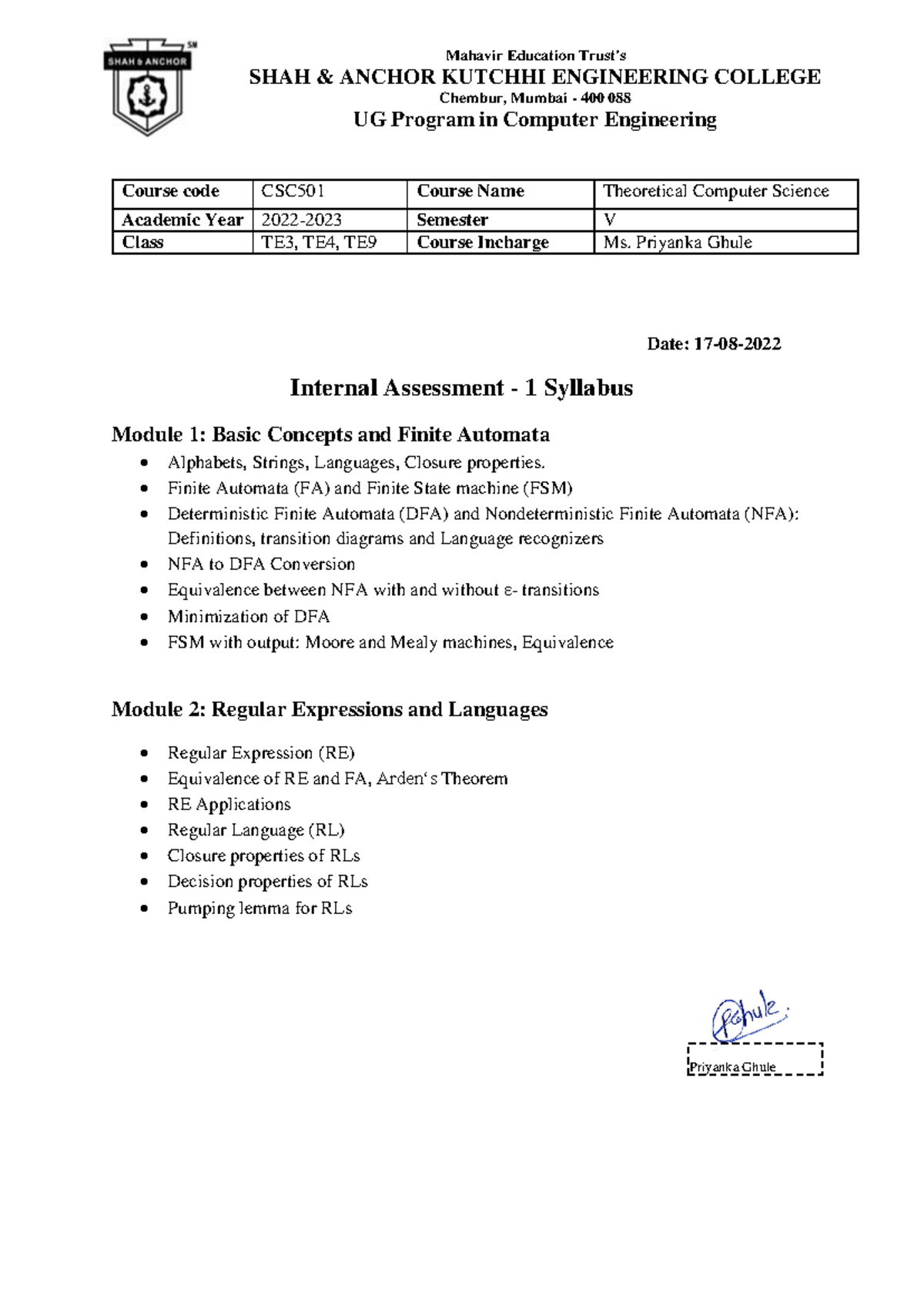 TCS IA-1 Syllabus 2022-2023 - Mahavir Education Trust's SHAH & ANCHOR KUTCHHI ENGINEERING - Studocu
