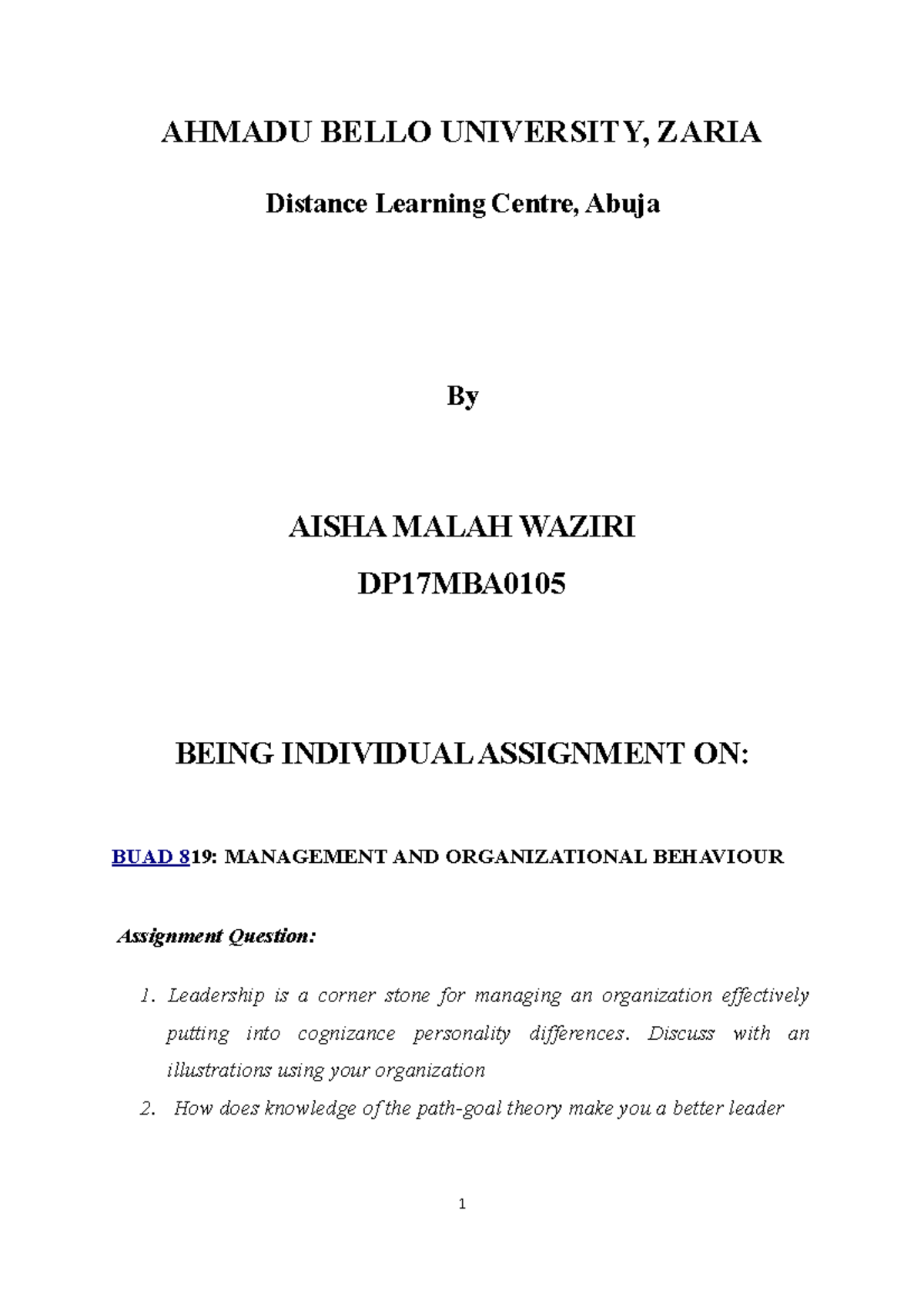 Buad 819 individual assignment - aisha - AHMADU BELLO UNIVERSITY, ZARIA ...