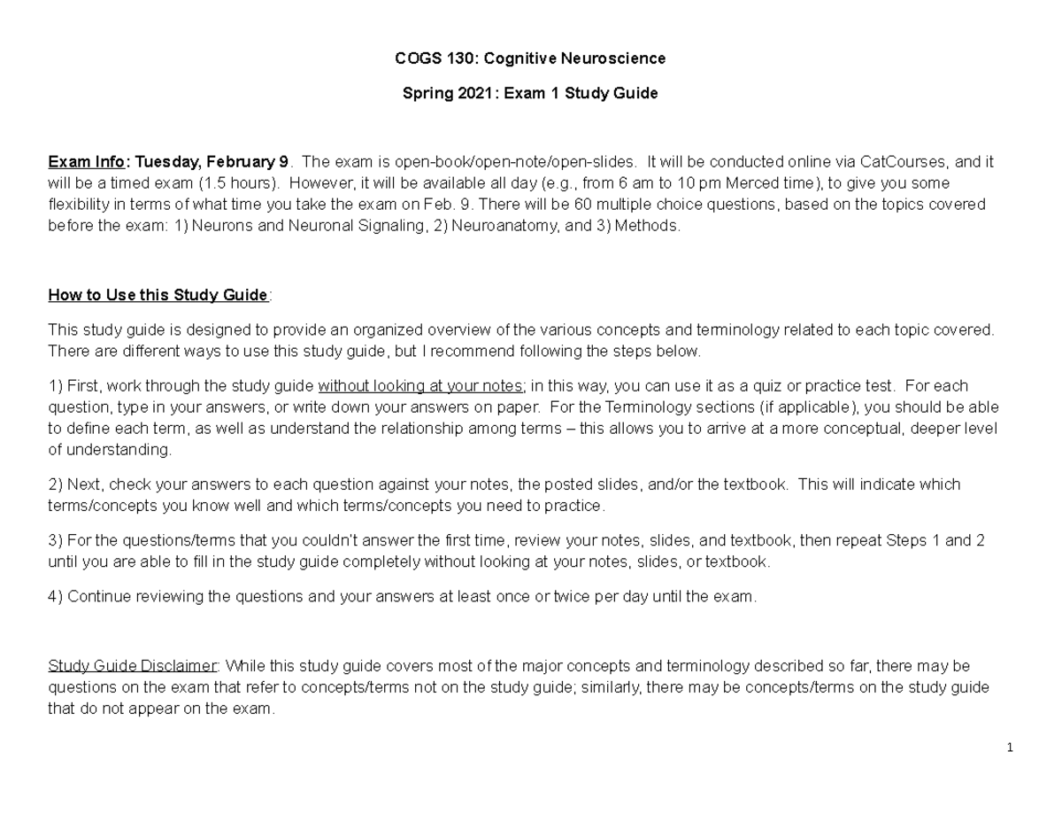 COGS130 Exam1 Study Guide - COGS 130: Cognitive Neuroscience Spring ...
