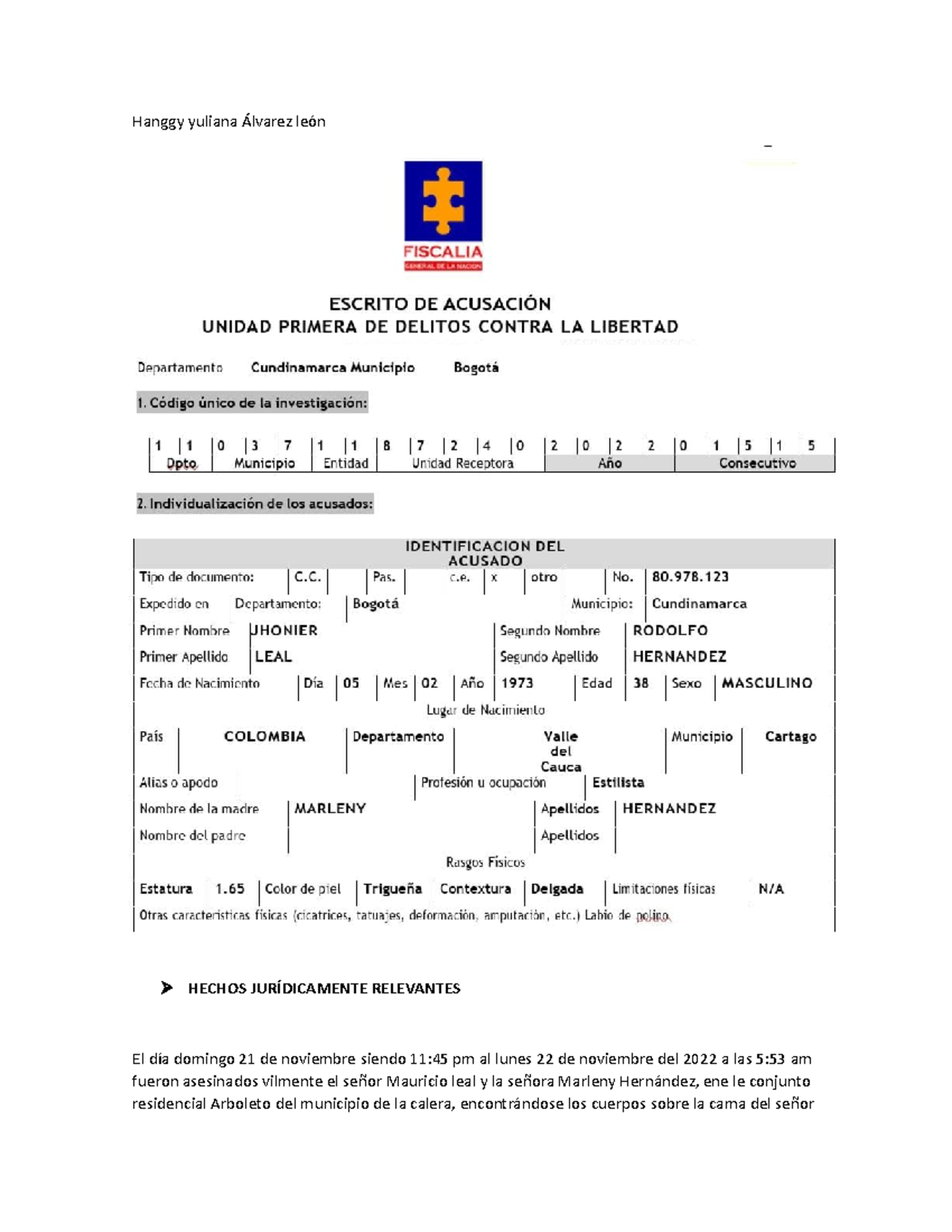 Hechos Jurídicamente Relevantes - Hanggy yuliana Álvarez león HECHOS ...