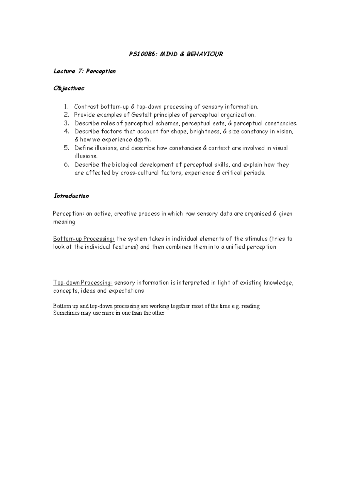 Lecture 7 Sensation Perception III Handout - PS10086: MIND & BEHAVIOUR ...
