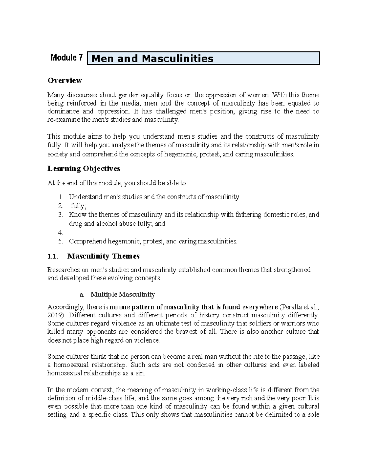 Lesson 7 Men and Masculinity - Module 7 Men and Masculinities Overview Many discourses about ...