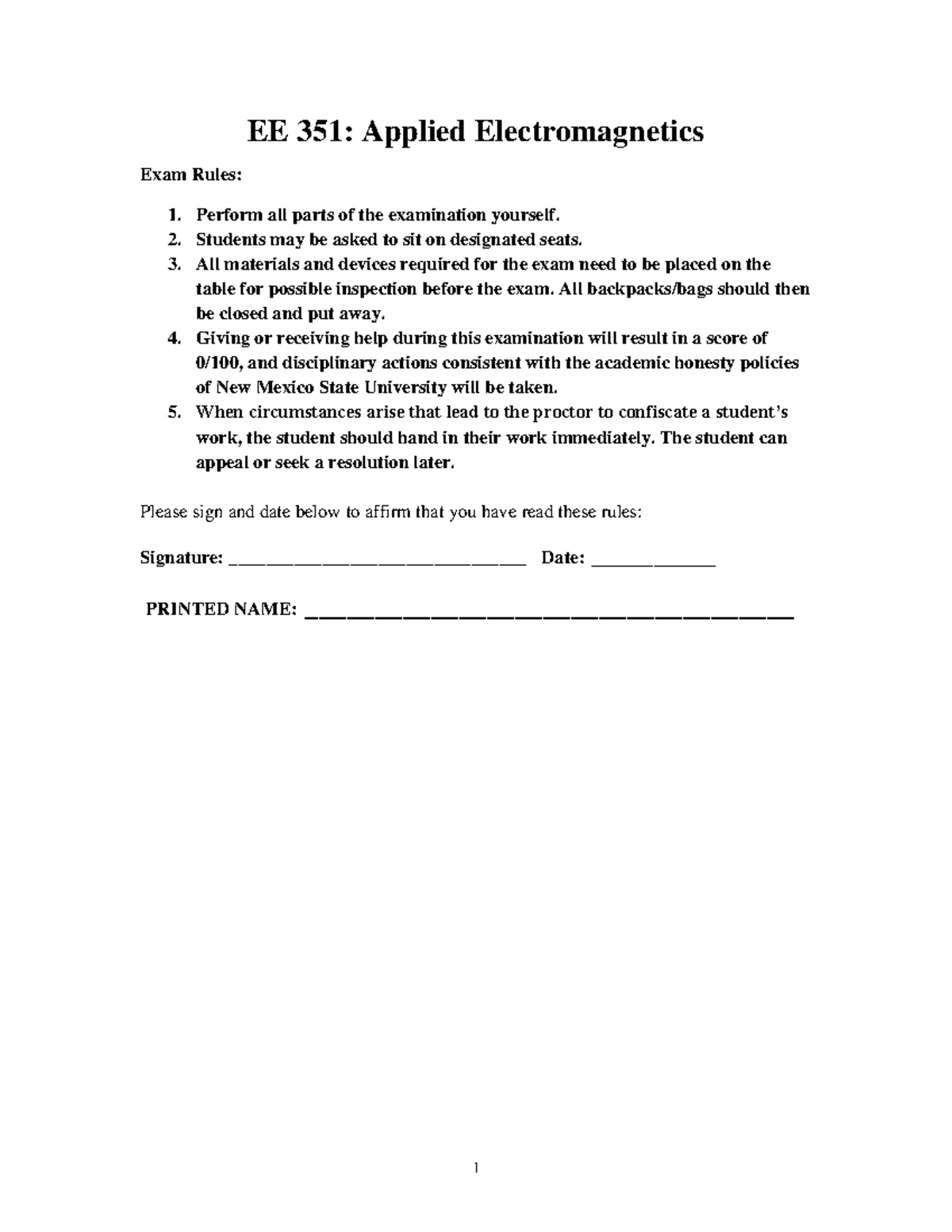 EE 351 Test 1 15f - Test 1 for EE 351 Applied Electromagnetics - 1 EE ...