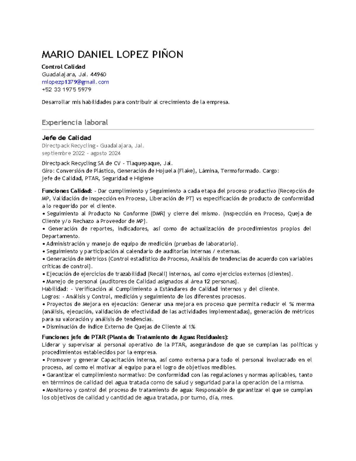 CV Mario Daniel López Piñón - MARIO DANIEL LOPEZ PIÑON Control Calidad ...