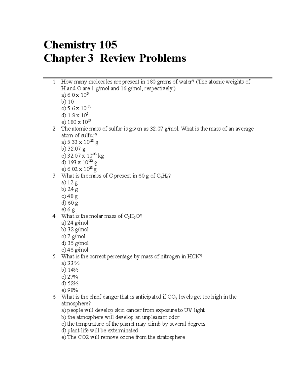 Chapter 3 Practice Question - Chemistry 105 Chapter 3 Review Problems ...