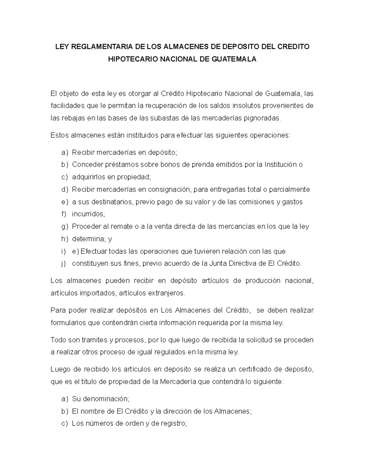 Resumen LEY Reglamentaria DE LOS Almacenes DE Deposito DEL Credito ...