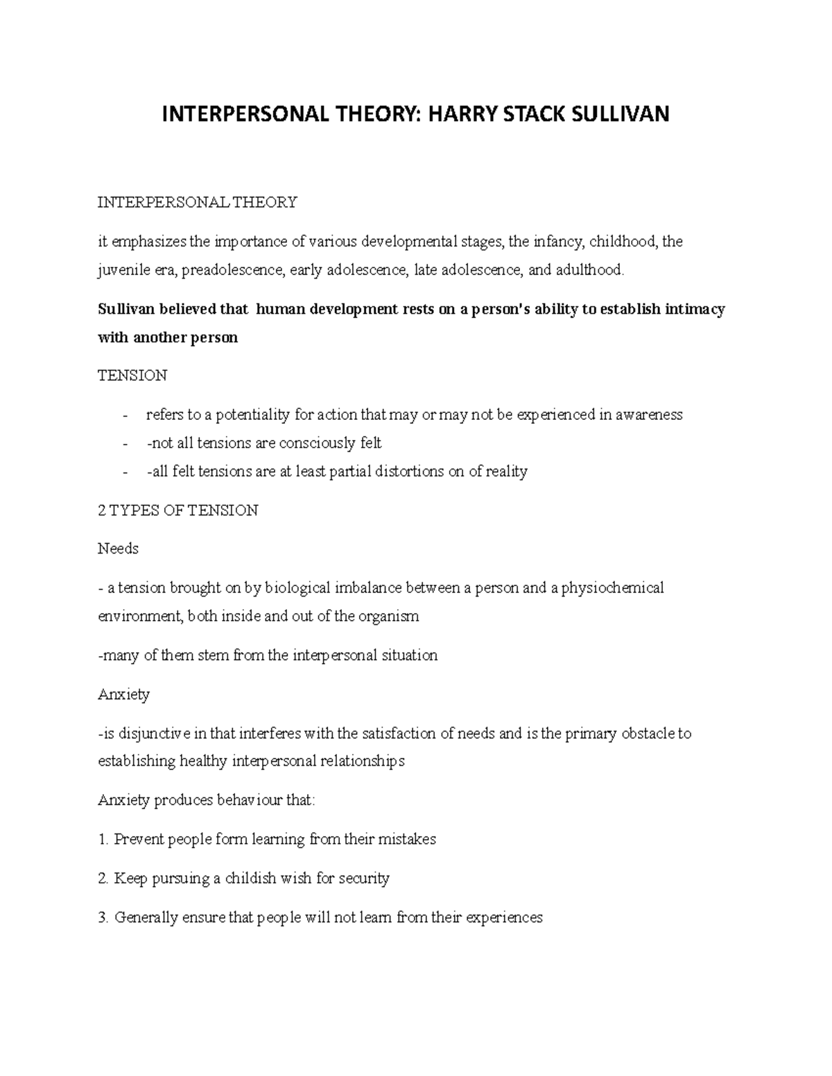 Interpersonal Theory - INTERPERSONAL THEORY: HARRY STACK SULLIVAN ...