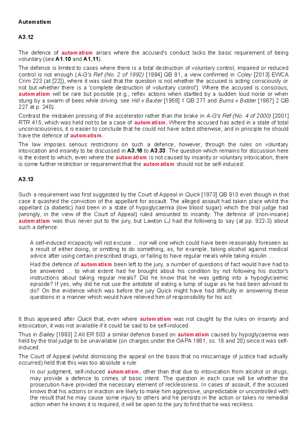 8b. Automatism (Blackstone) - Automatism A3. The defence of automatism ...