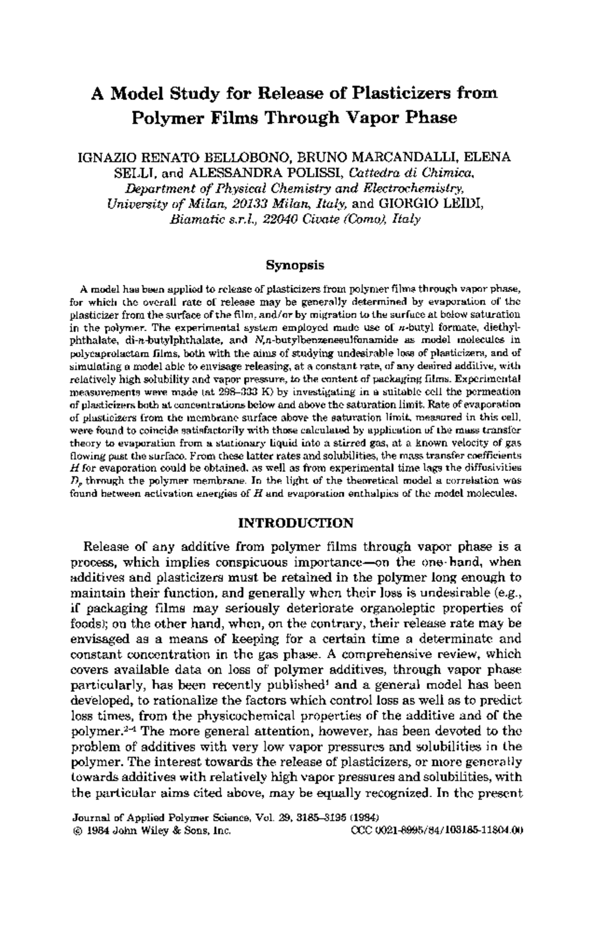 A model study for release of plasticizer - A Model Study for Release of ...