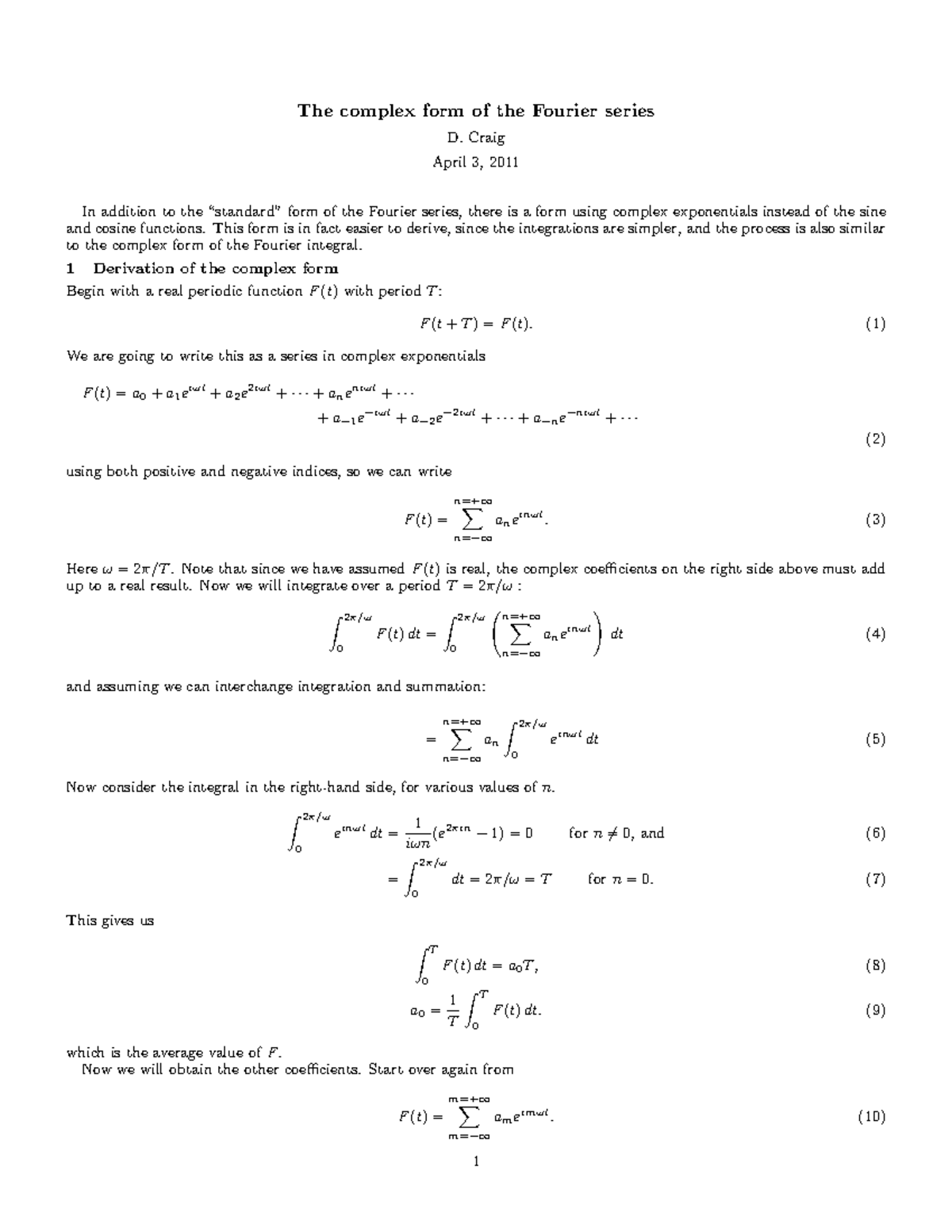Complex Fourier Series - The complex form of the Fourier series D ...