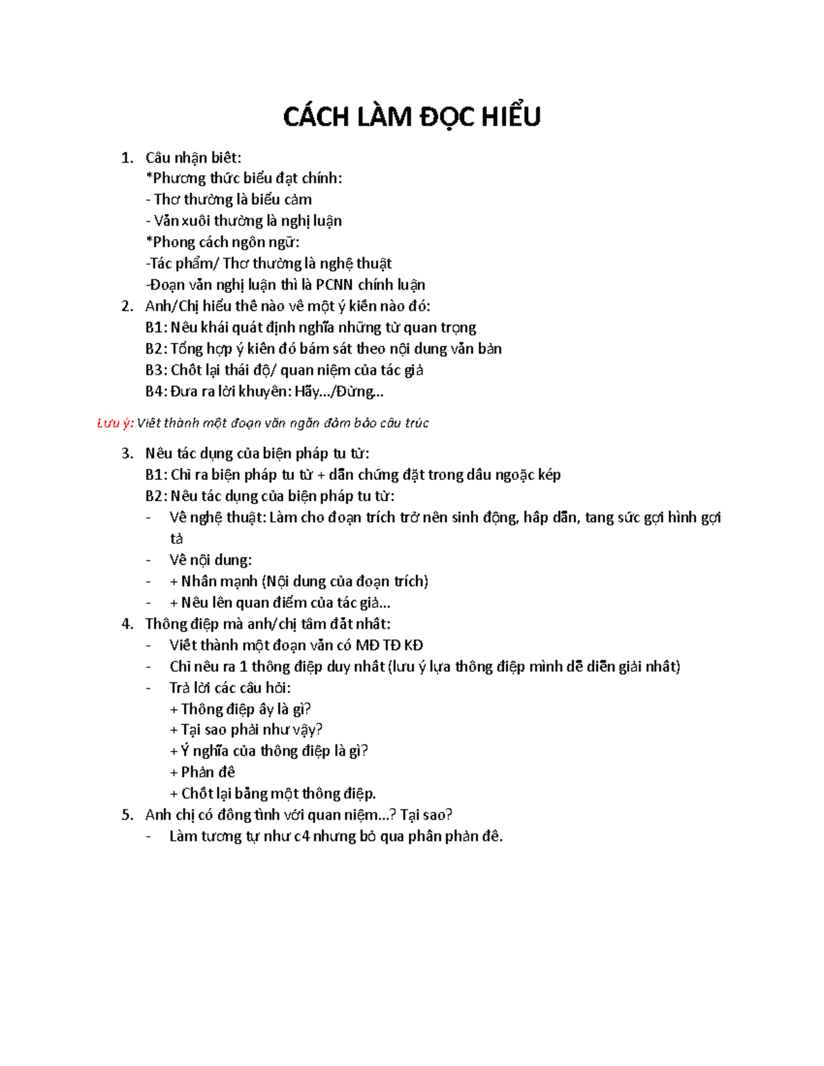 Cách làm đọc hiểu - cách làm bài đọc hiểu - CÁCH LÀM Đ ỌC HI U Ể Câu nh n biếết:ậ *Ph ương th c ...