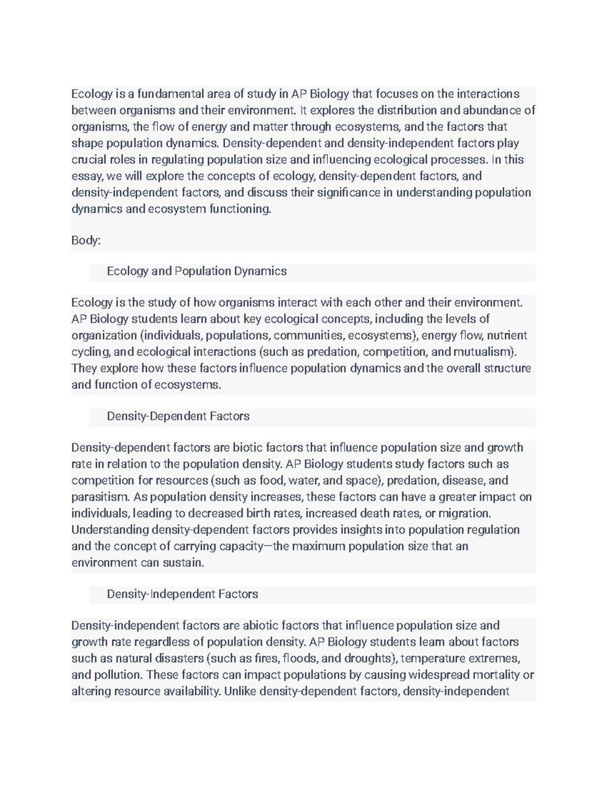 Ecology and Density-Dependent and Density-Independent Factors in AP ...