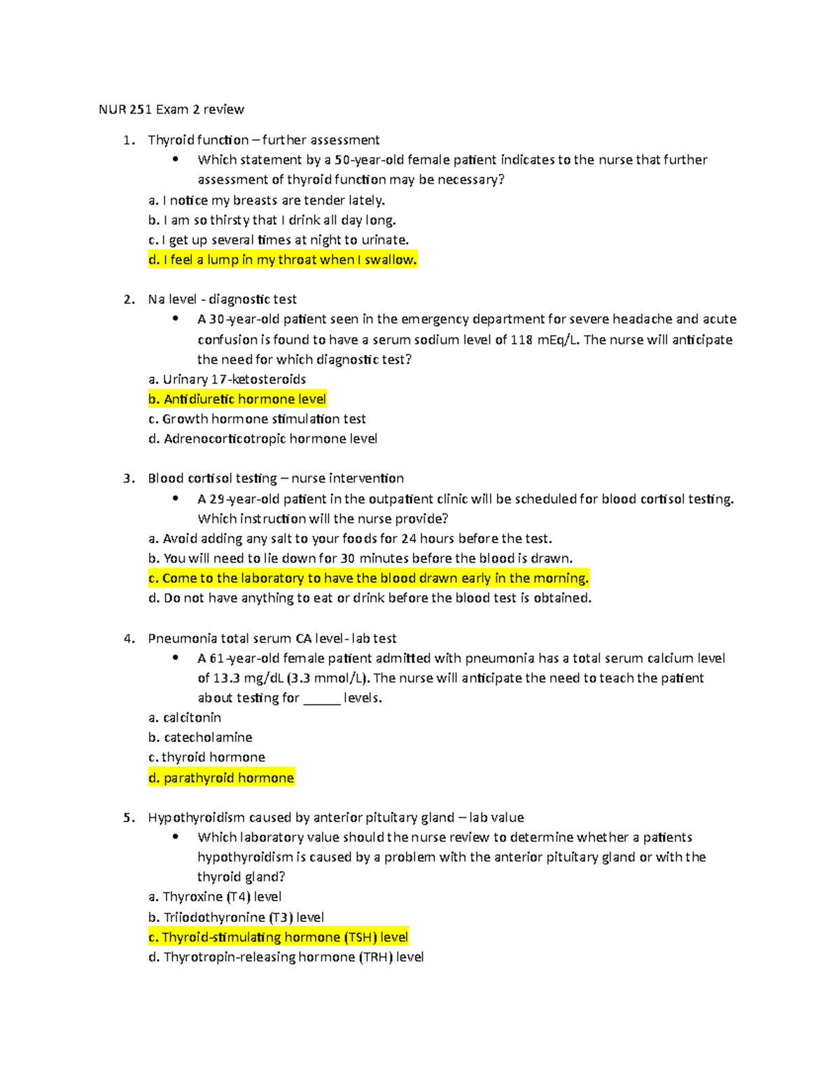MS3 Exam 2 Review copy - NUR 251 Exam 2 review Thyroid function ...