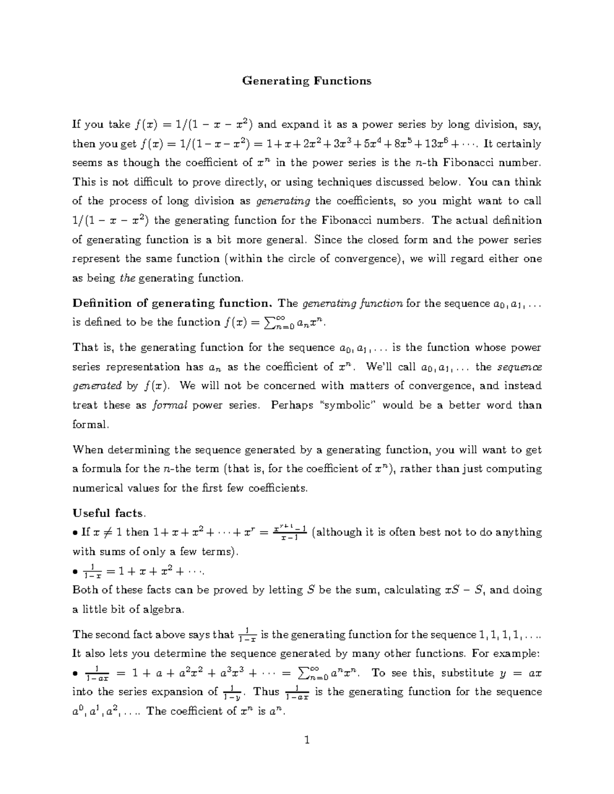 Gen Funcs Notes On Generating Functions Generating Functions If You