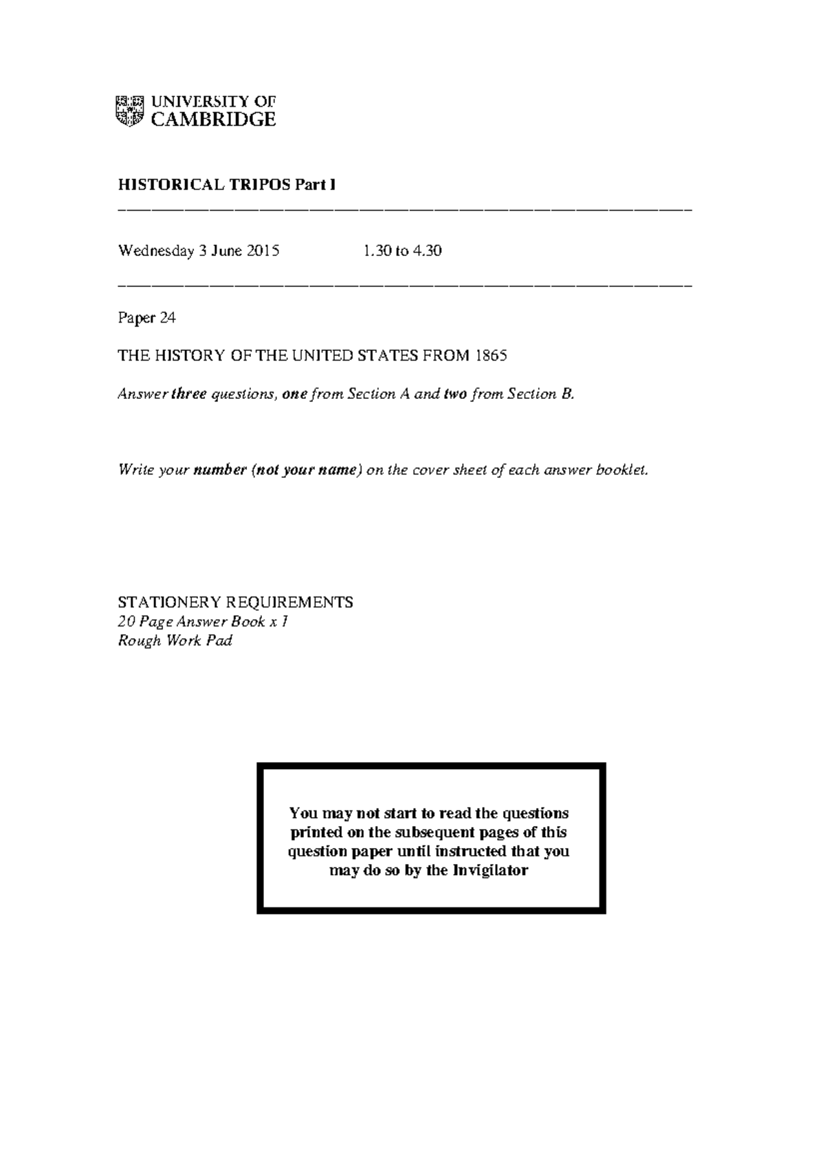 Paper 24 Exam 2015 - HISTORICAL TRIPOS Part I - Studocu