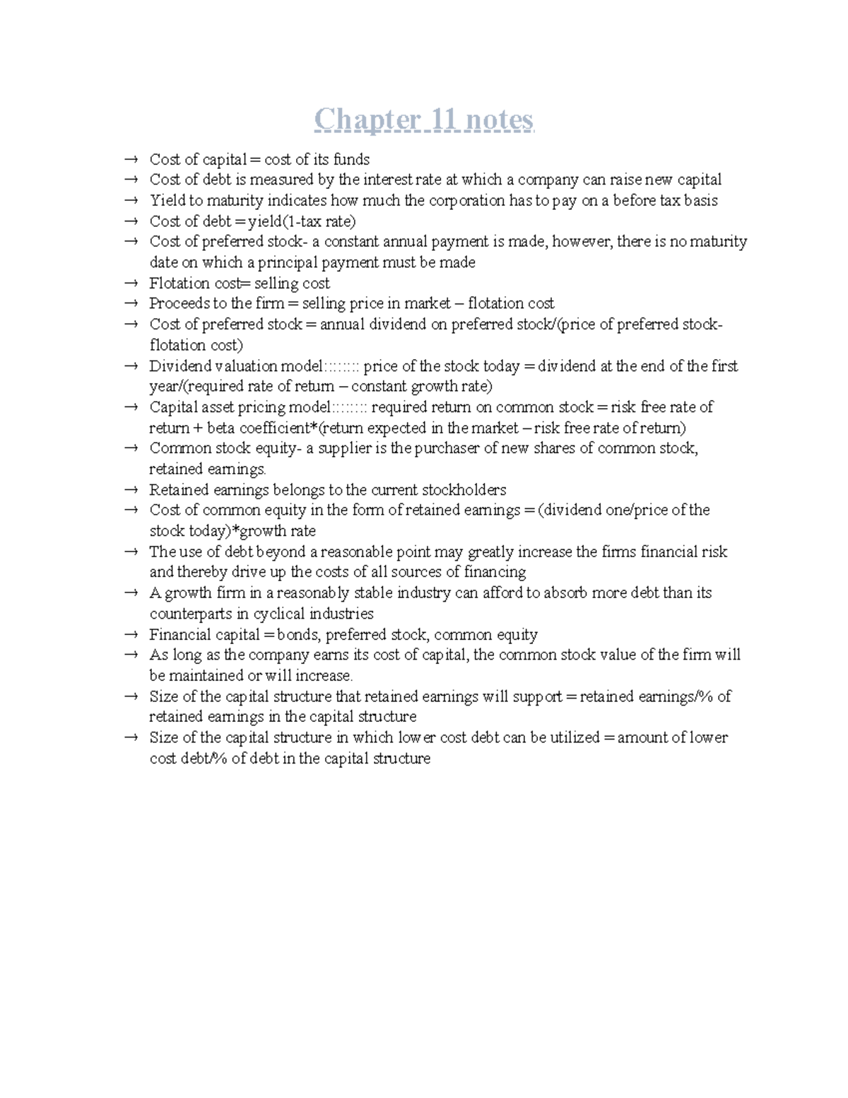 Chapter 11 cost of capital - Chapter 11 notes Cost of capital = cost of ...