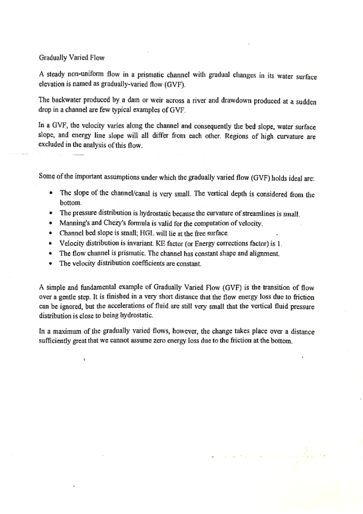 Gradually Varied Flow Assumptions - Open Chanel Flow - Studocu