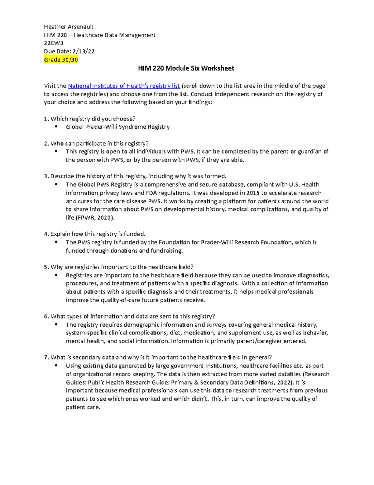HIM 220 Module Six Worksheet- National Registries - Heather Arsenault ...