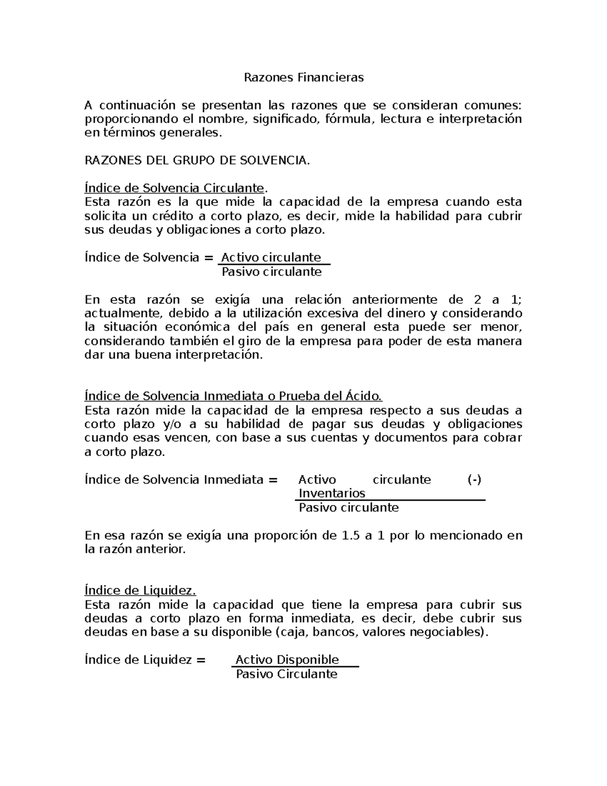 Razones Financieras - RAZONES DEL GRUPO DE SOLVENCIA. Índice de ...