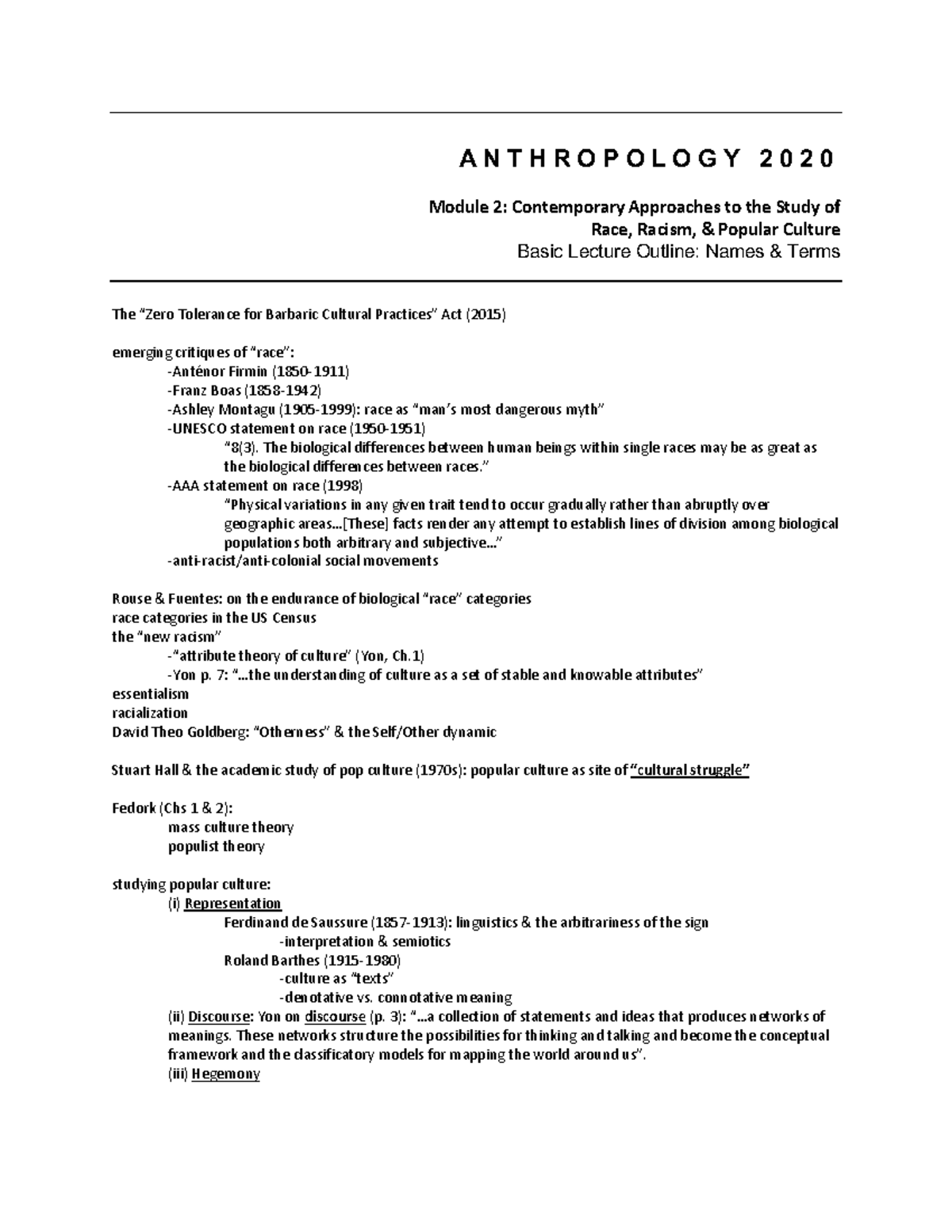 Module 2 Outline - NOTES - A N T H R O P O L O G Y 2 0 2 0 Module 2 ...
