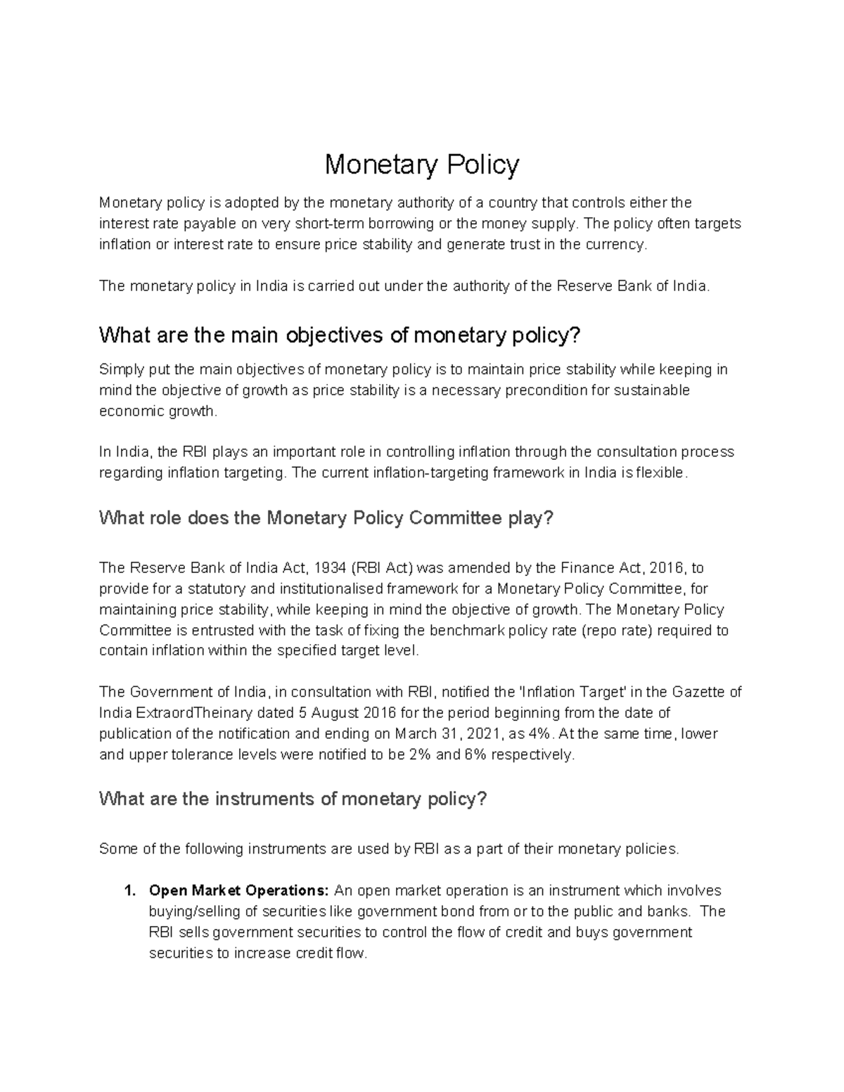 Monetary-Policy - Monetory policy - Monetary Policy Monetary policy is ...