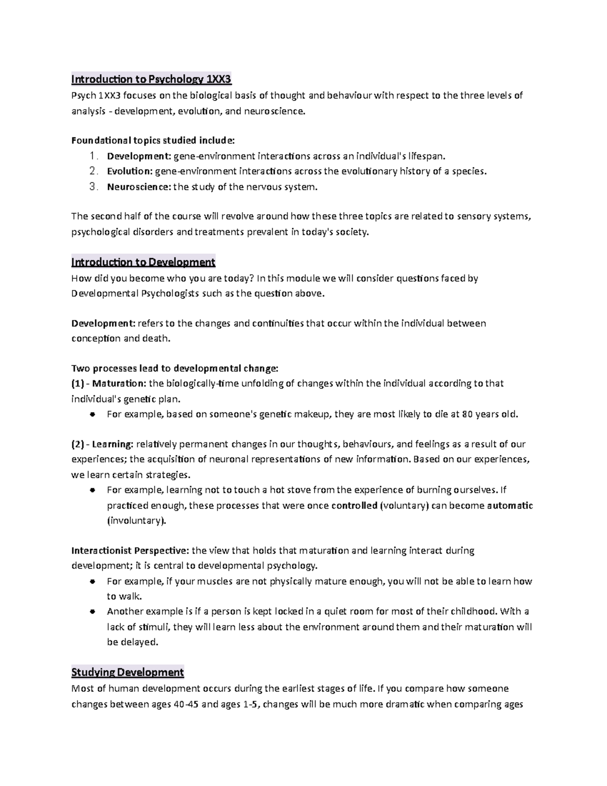 Development I Module Notes - Introduction to Psychology 1XX Psych 1XX3 ...