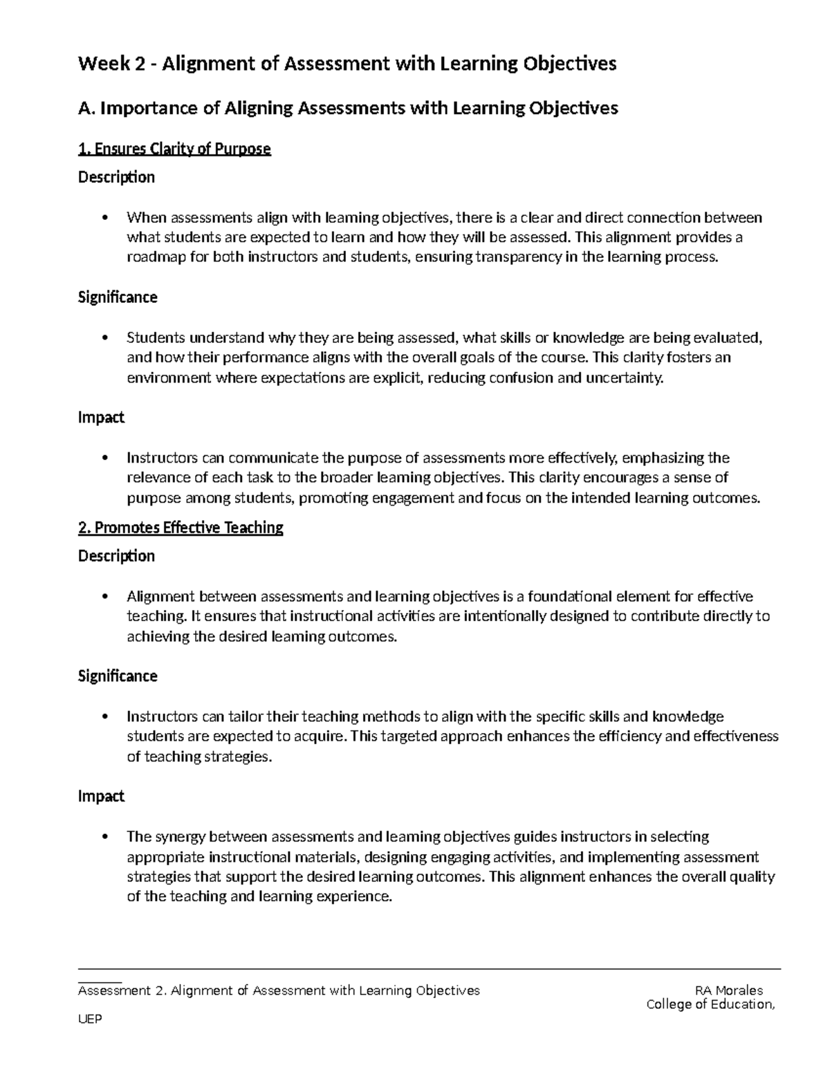 WEEK 2 Alignment of Assessment with Learning Objectives - Importance of ...