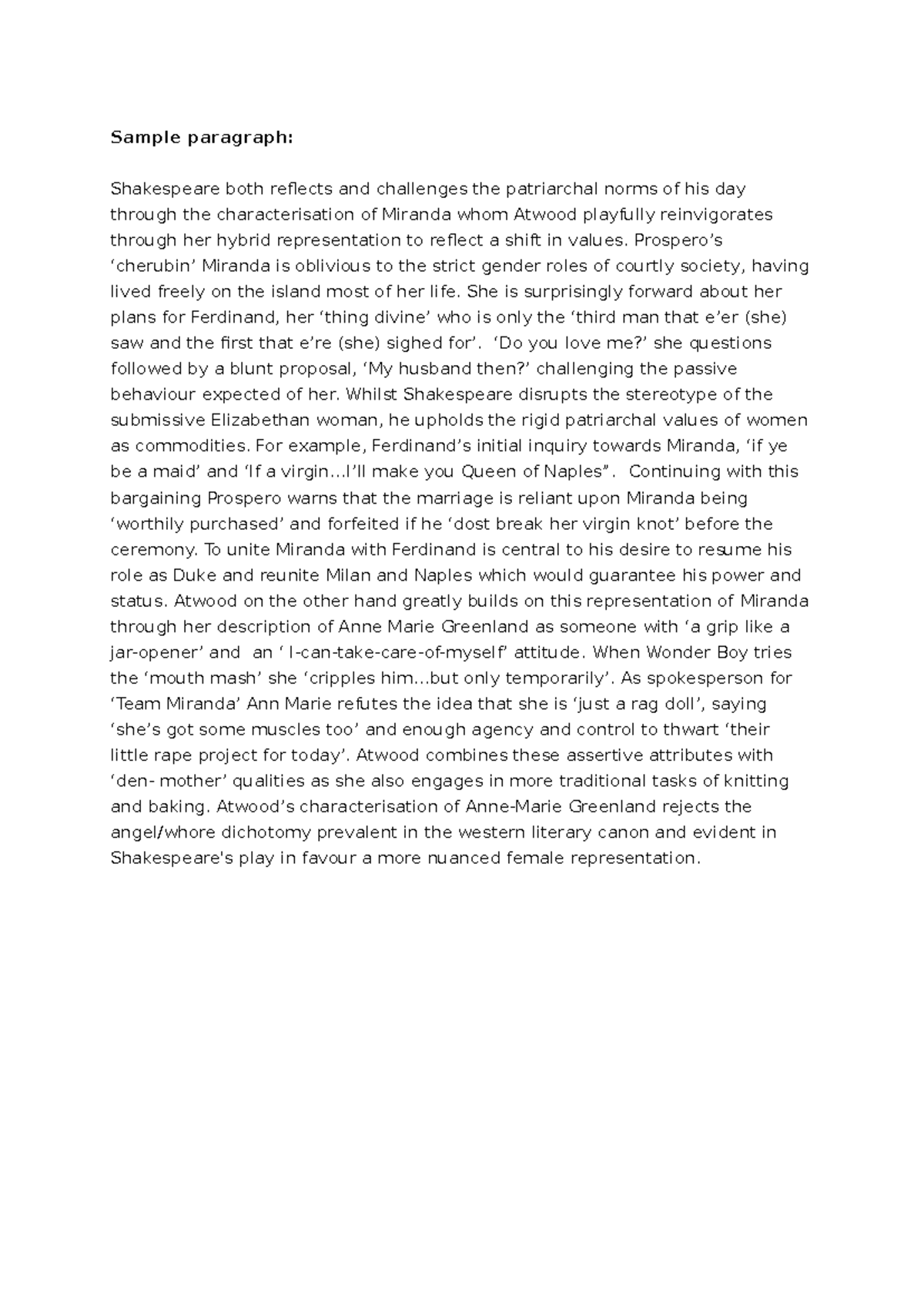 Miranda - sample inregrated paragraph - Sample paragraph: Shakespeare ...