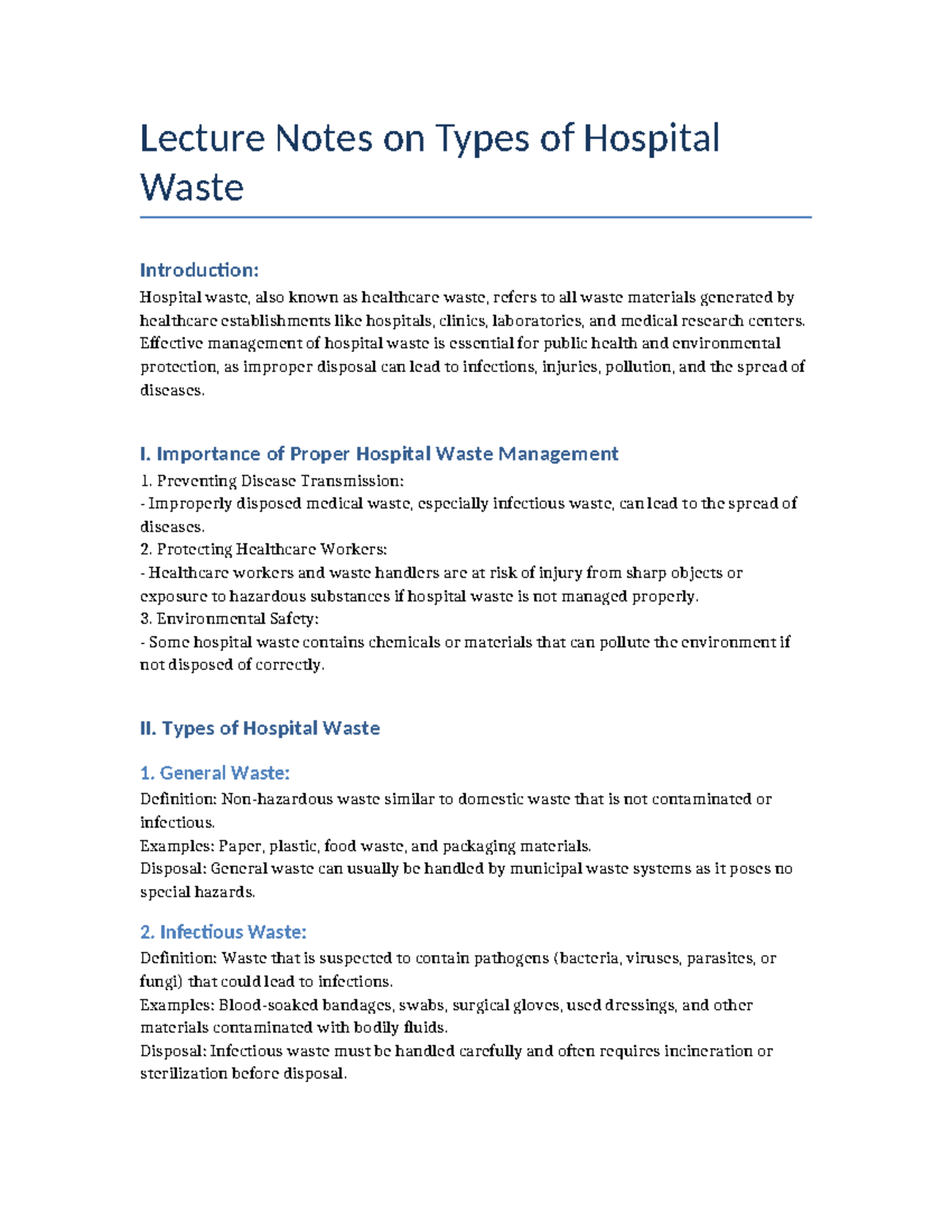 Hospital Waste Lecture Notes Updated - Lecture Notes on Types of ...