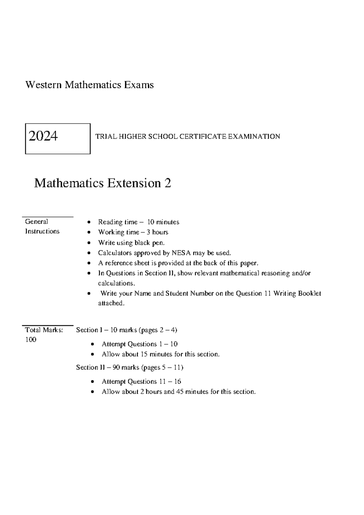 WME 2024 Mathematics Extension 2 Exam - Western Mathematics Exams 2024 ...
