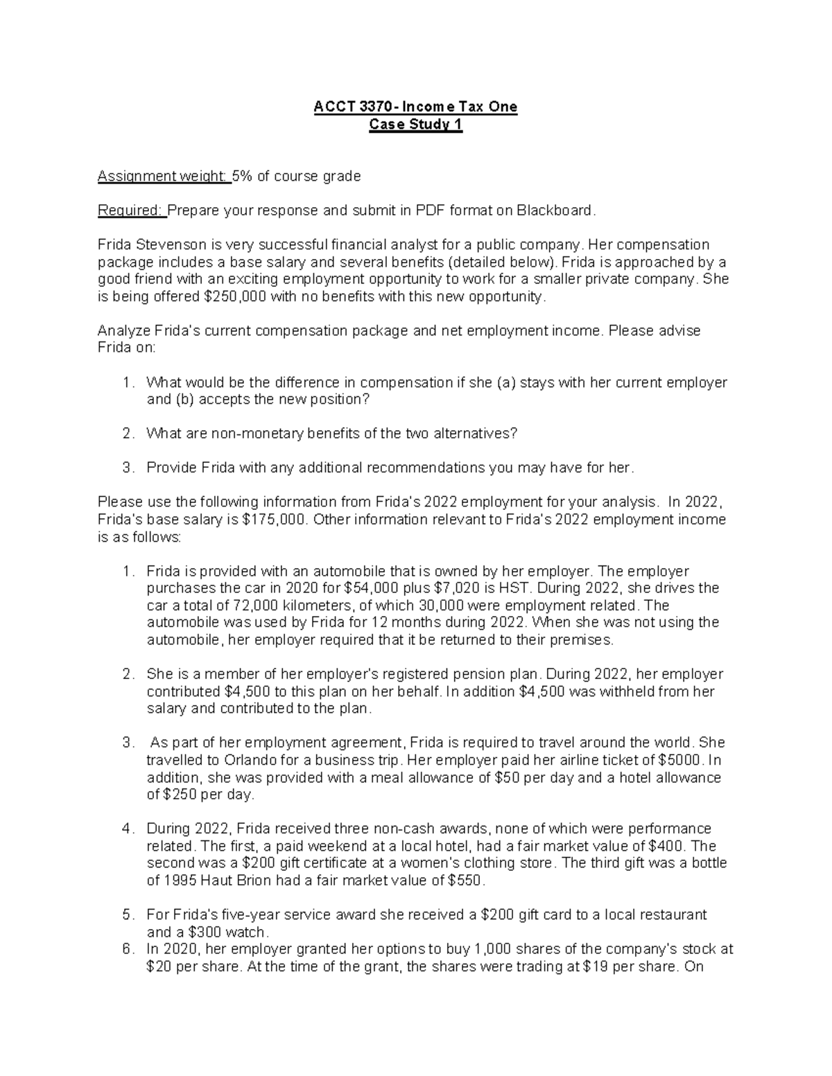 ACCT 3370- Case Study One - ACCT 3370- Income Tax One Case Study 1 ...