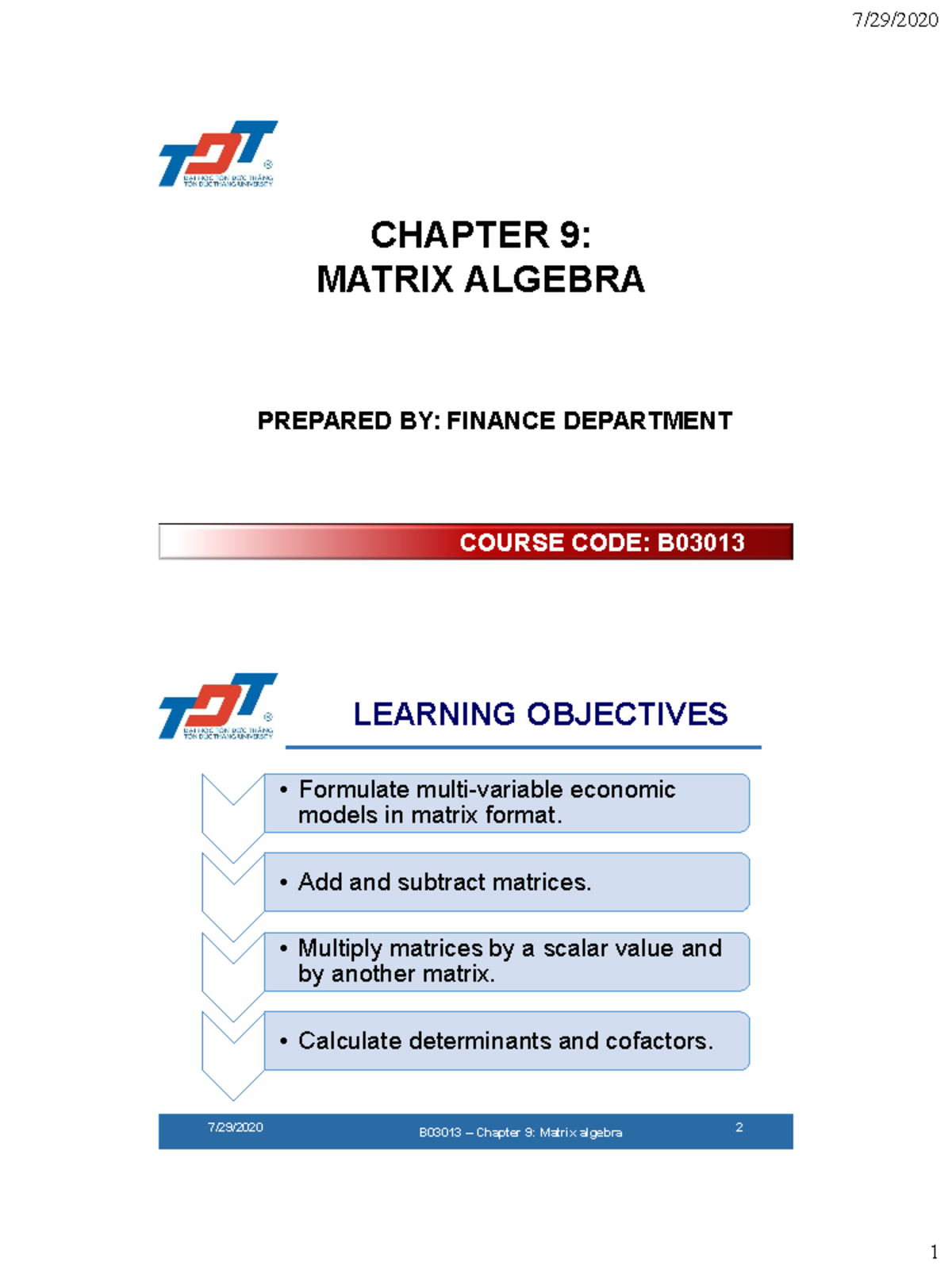 B03013 Chapter 9 Matrix Algebra 0 - 7/29/2020 B03013 – Chapter 9 ...