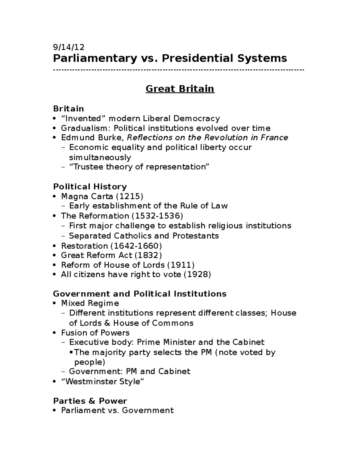 Lecture 5 - Parliamentary vs. Presidential 9-26-12 - 9/14/12 ...