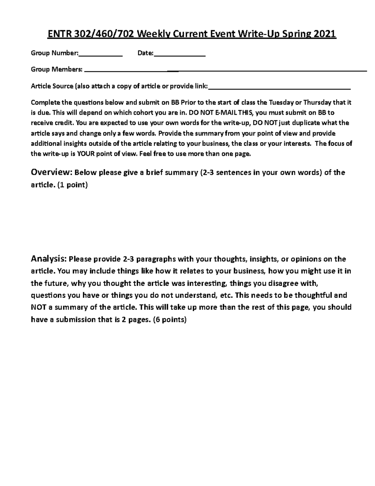 ENTR 302 Weekly Current Event Template - Spring 2021 - ENTR 302/460/702 ...
