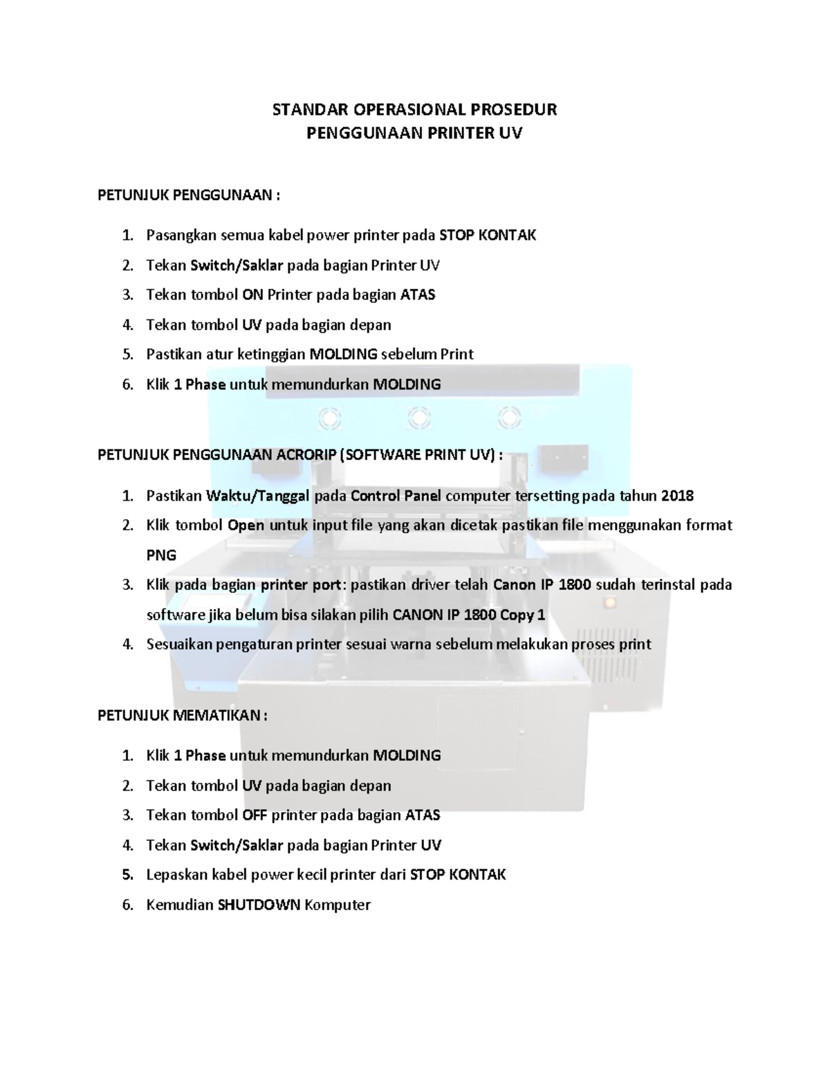SOP Penggunaan Printer UV - STANDAR OPERASIONAL PROSEDUR PENGGUNAAN ...
