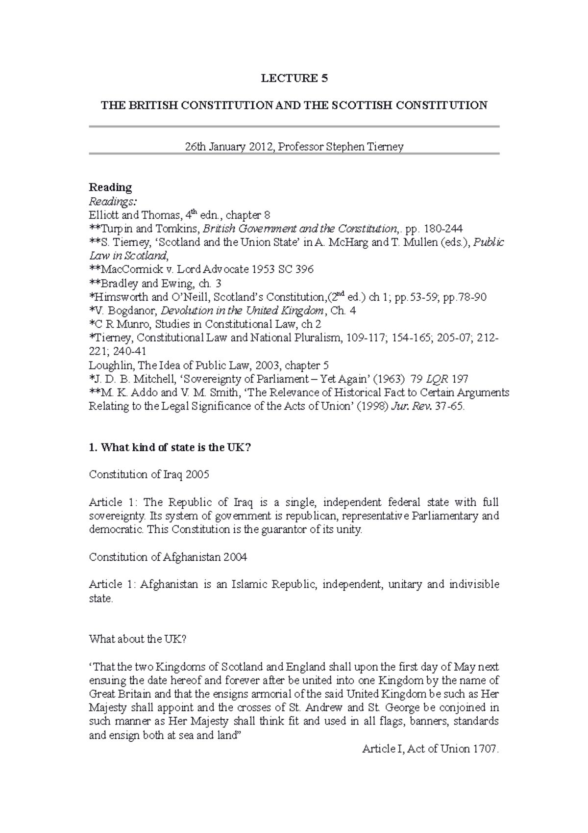Lecture 5 Handout - EU Law - LECTURE 5 THE BRITISH CONSTITUTION AND THE SCOTTISH CONSTITUTION ...