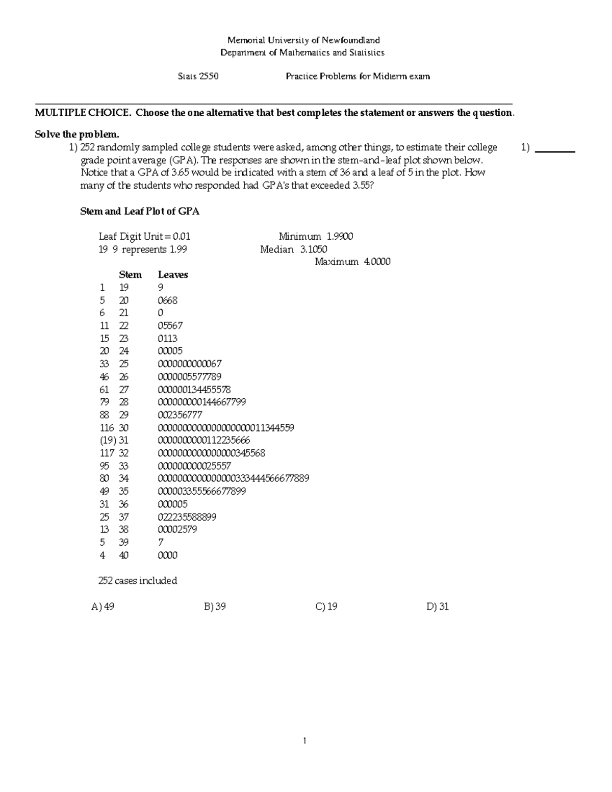Stats 2550 Practice Problems For Midterm Exam Studocu