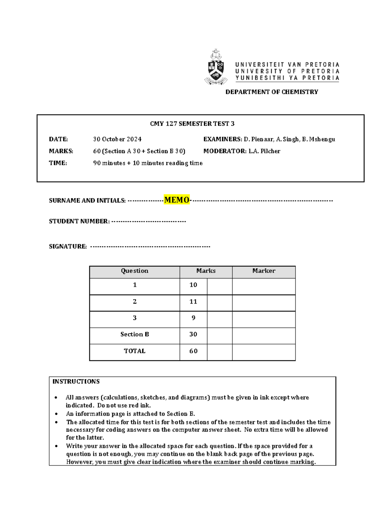 CMY 127 SEM TEST 3 2024 Section A MEMO - DEPARTMENT OF CHEMISTRY CMY ...