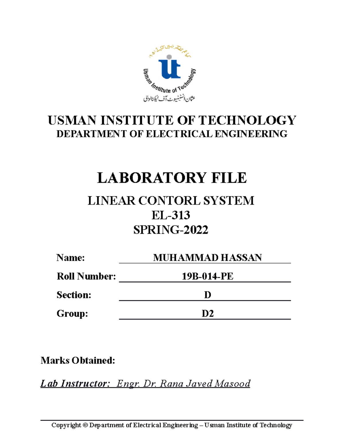 LAB-04-19B-014-PE - my own docs - USMAN INSTITUTE OF TECHNOLOGY DEPARTMENT OF ELECTRICAL ...