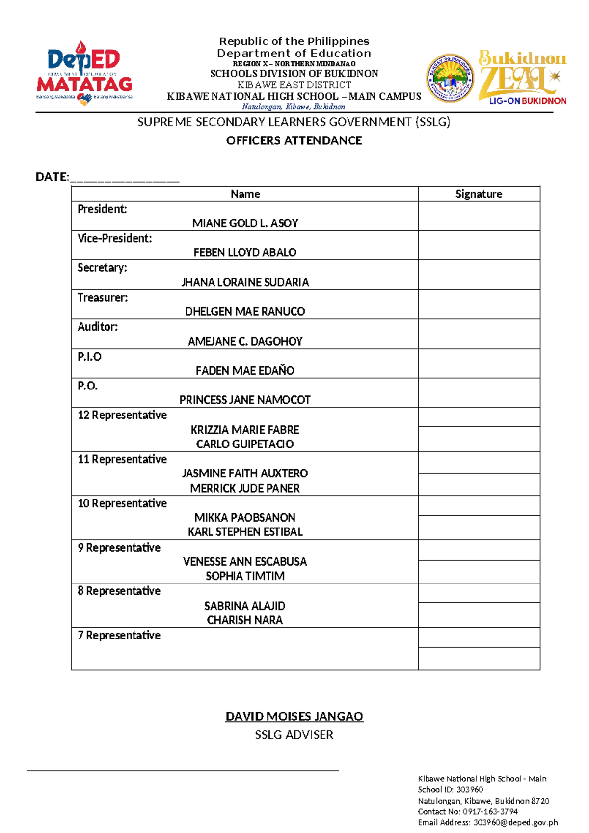 SSLG Officers Attendance - Republic of the Philippines Department of ...