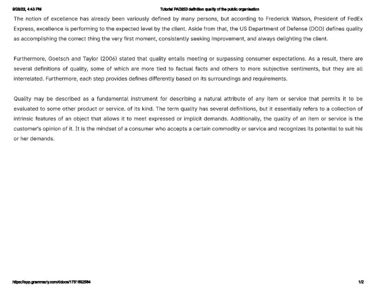Tutorial PAD253 definition quality of the public organisation ...
