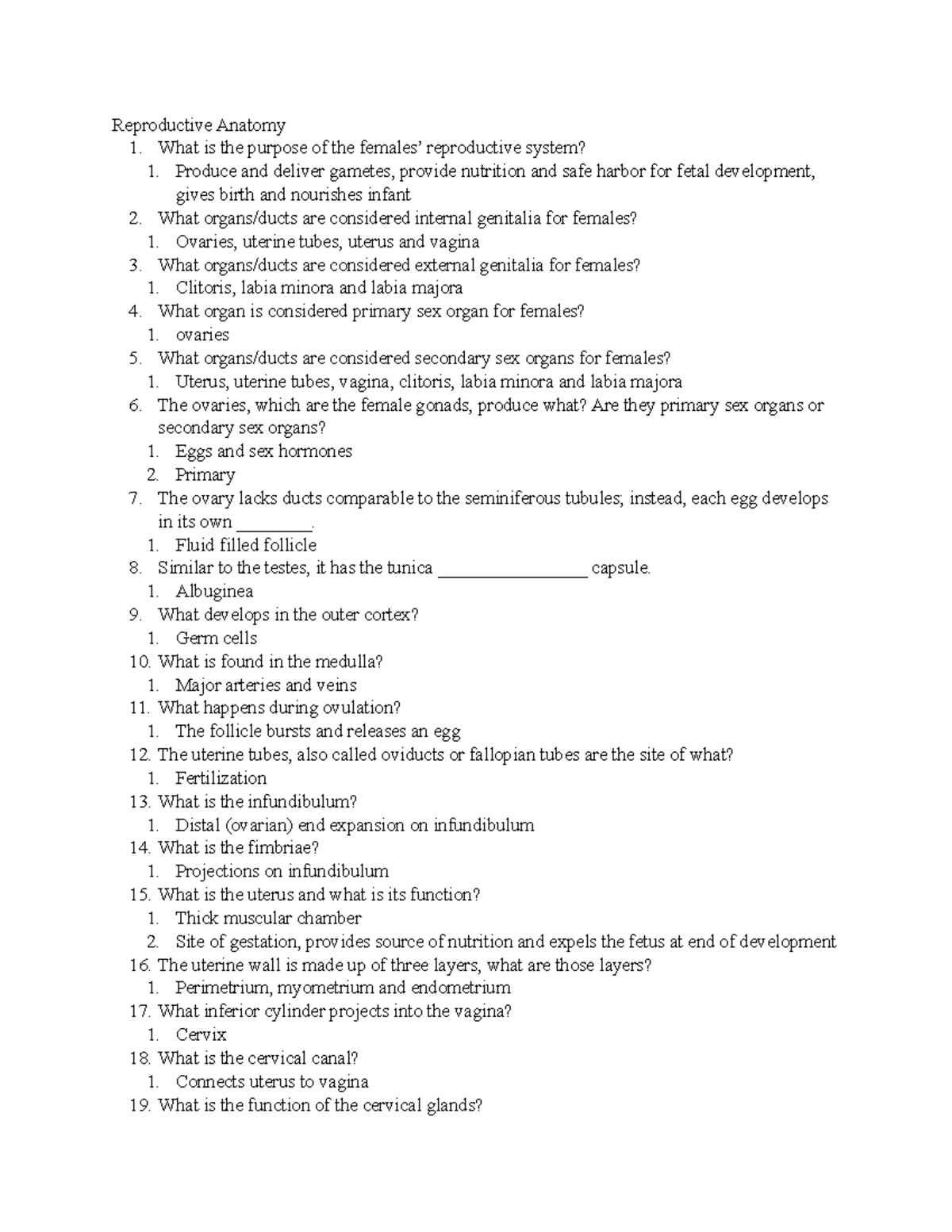 Ch 28 sg - Female Reproductive study guide for test - Reproductive ...